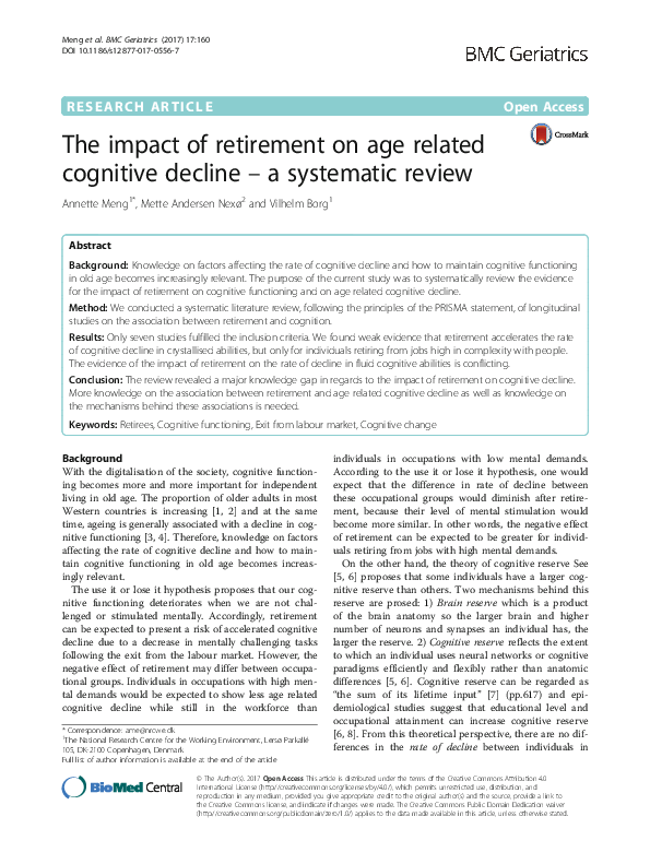 (PDF) The impact of retirement on age related cognitive decline – a ...