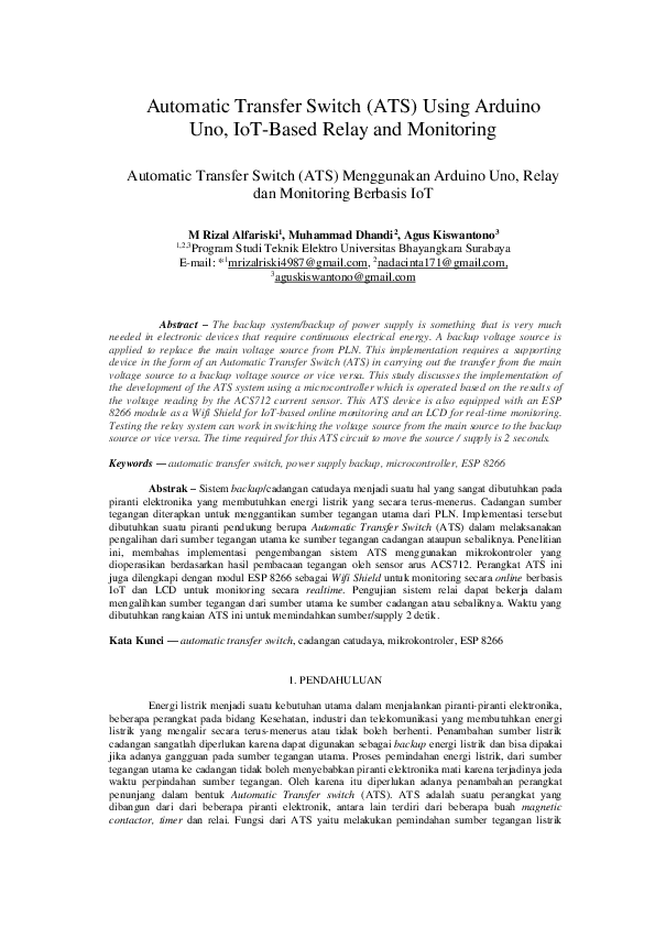 Pdf Automatic Transfer Switch Ats Using Arduino Uno Iot Based Relay And Monitoring