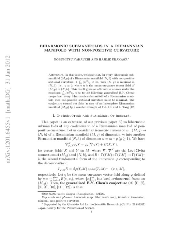 (PDF) Biharmonic Submanifolds in a Riemannian Manifold with Non-Positive Curvature