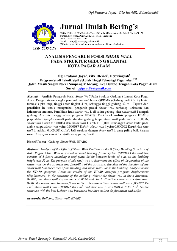 (PDF) Analisis Pengaruh Posisi Shear Wall Pada Struktur Gedung 8 Lantai Kota Pagar Alam