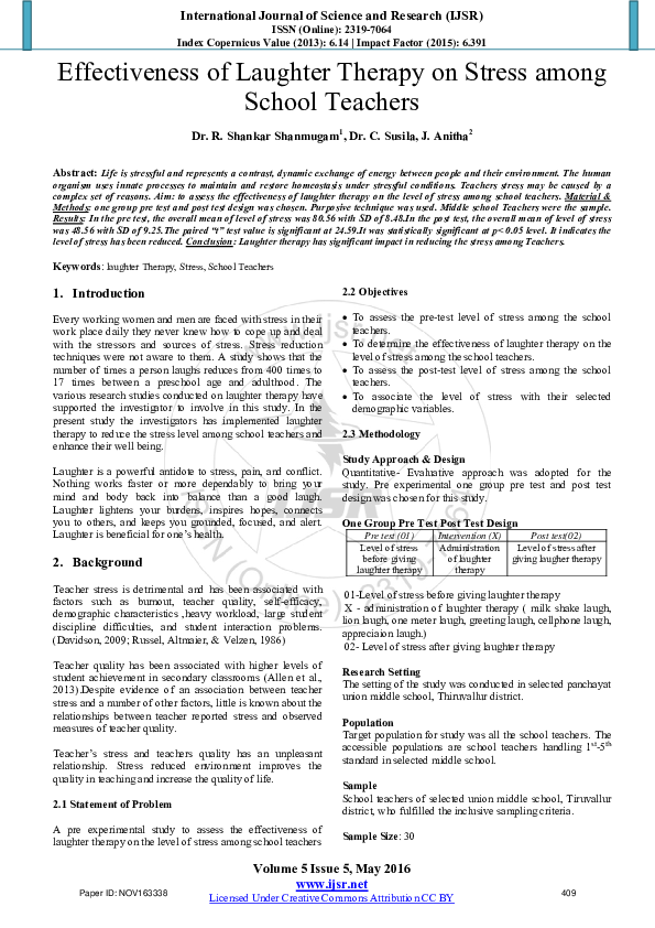 (PDF) Effectiveness of Laughter Therapy on Stress among School Teachers