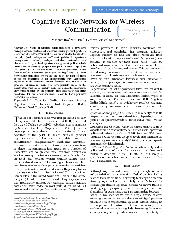 Pdf Cognitive Radio Networks For Wireless Communication