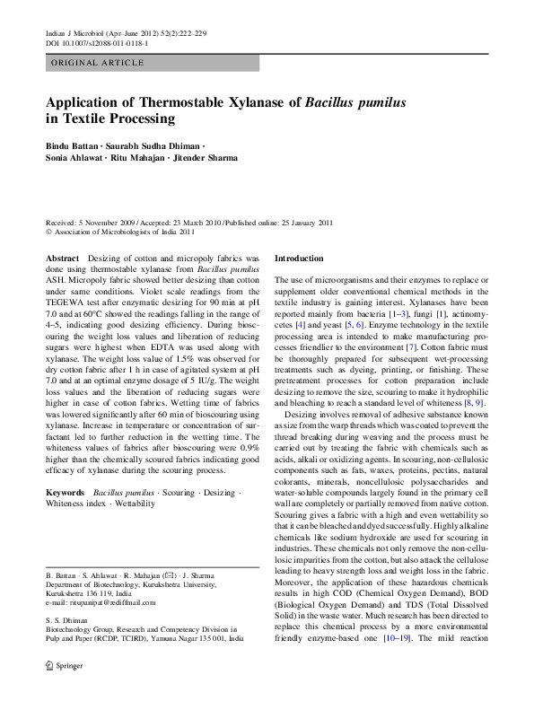 (PDF) Application of Thermostable Xylanase of Bacillus pumilus in Textile Processing