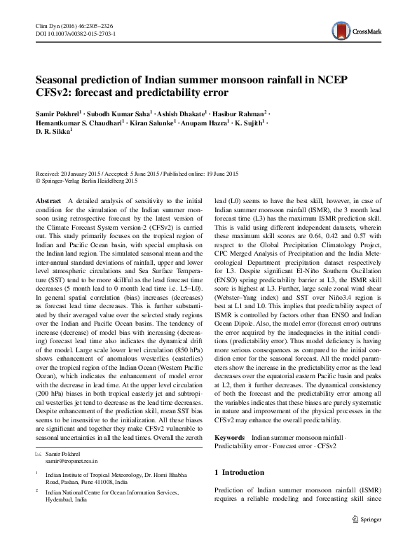 Pdf Seasonal Prediction Of The Indian Summer Monsoon Rainfall Using Canonical Correlation