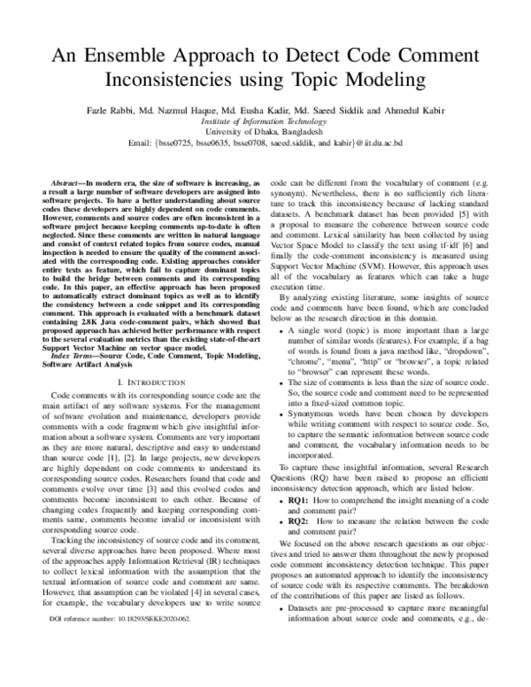 (PDF) An Ensemble Approach to Detect Code Comment Inconsistencies using Topic Modeling