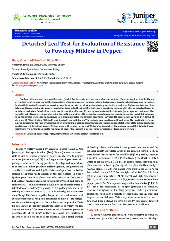 (PDF) Detached Leaf Test for Evaluation of Resistance to Powdery Mildew ...
