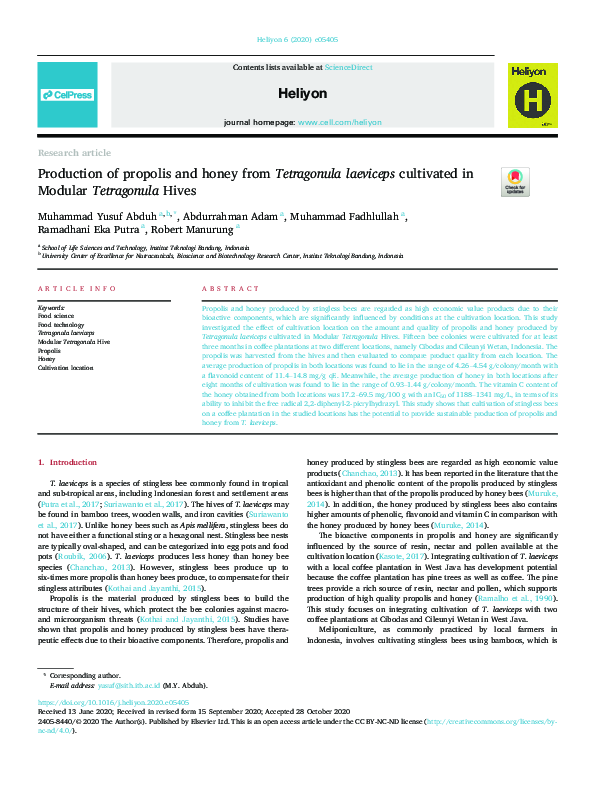 (PDF) Production of propolis and honey from Tetragonula laeviceps cultivated in Modular ...
