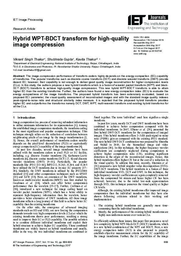 (PDF) Hybrid WPT‐BDCT transform for high‐quality image compression