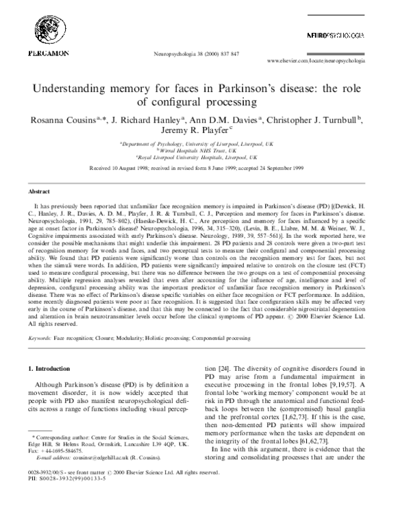 (PDF) Understanding memory for faces in Parkinson’s disease: the role ... (PDF) Understanding memory for faces in Parkinson’s disease: the role ...