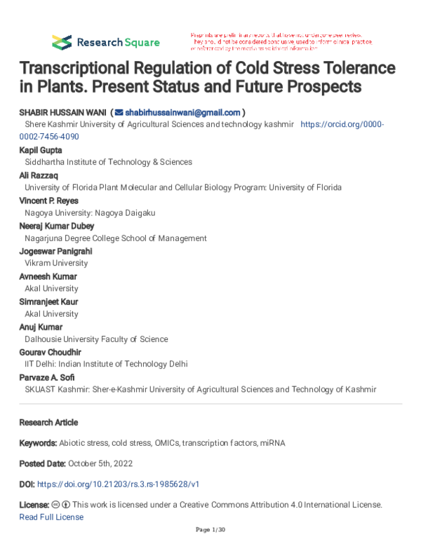 (PDF) Transcriptional Regulation of Cold Stress Tolerance in Plants ...