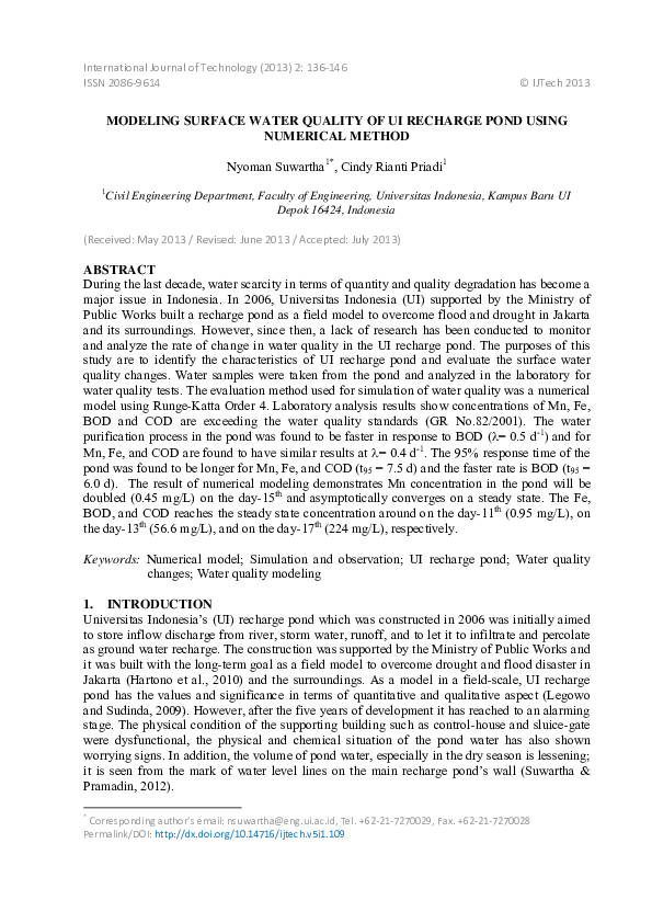 (PDF) Modeling Surface Water Quality of UI Recharge Pond using Numerical Method