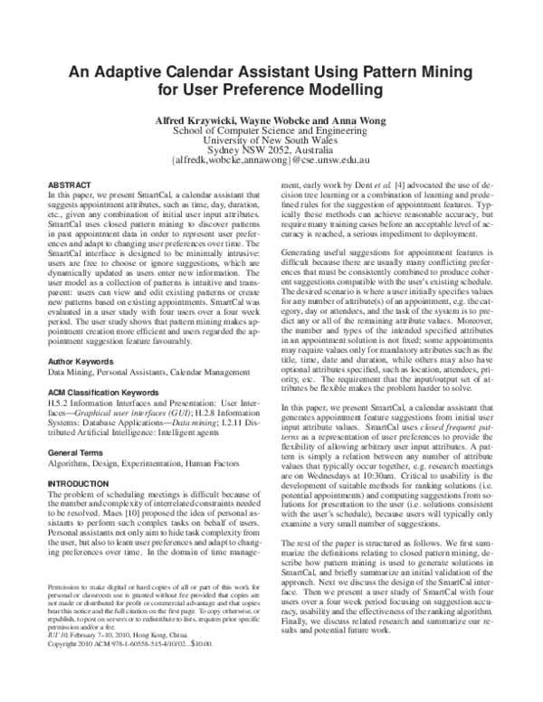 (PDF) An adaptive calendar assistant using pattern mining for user preference modelling