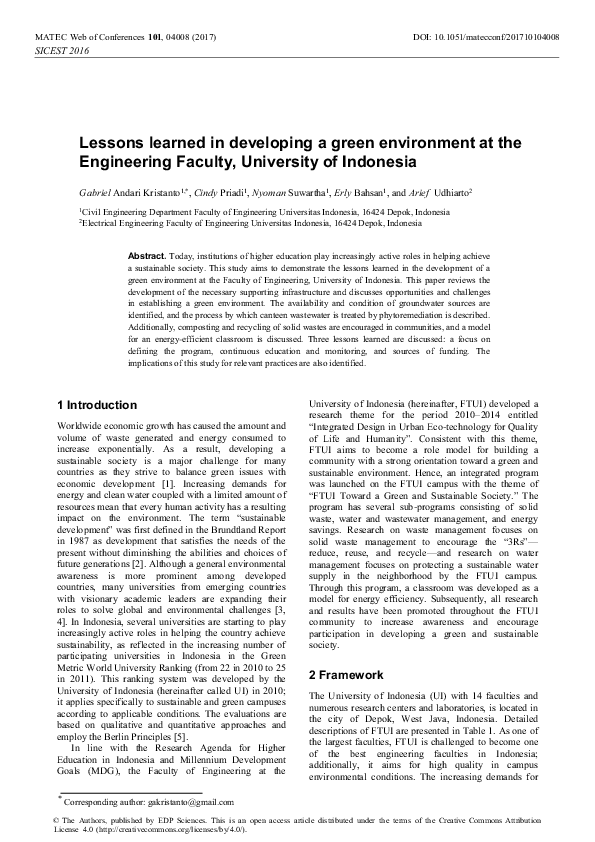 (PDF) Lessons learned in developing a green environment at the ...