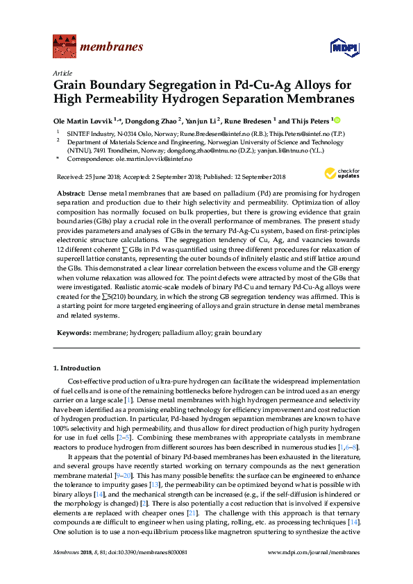 Pdf Grain Boundary Segregation In Pd Cu Ag Alloys For High Permeability Hydrogen Separation