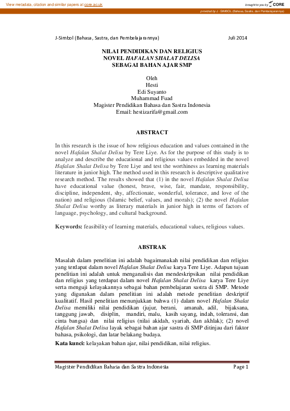 (PDF) Nilai Pendidikan Dan Religius Novel Hafalan Shalat Delisa Sebagai Bahan Ajar SMP