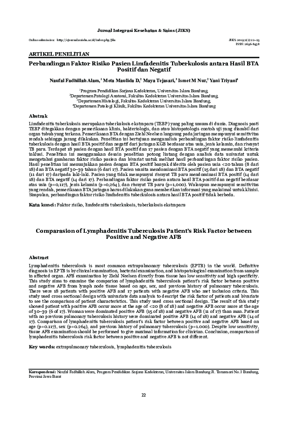 (PDF) Perbandingan Faktor Risiko Pasien Limfadenitis Tuberkulosis ...
