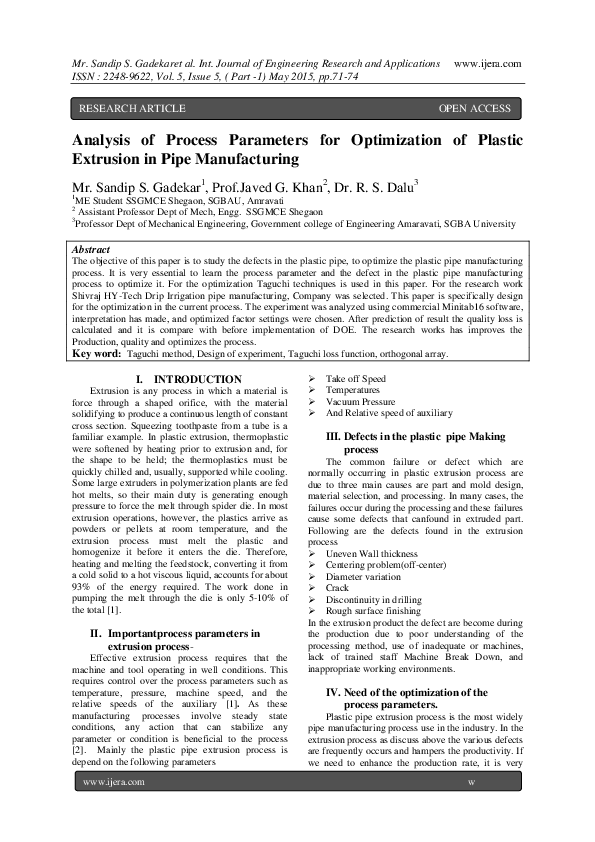 (PDF) Analysis of Process Parameters for Optimization of Plastic Extrusion in Pipe Manufacturing Mr