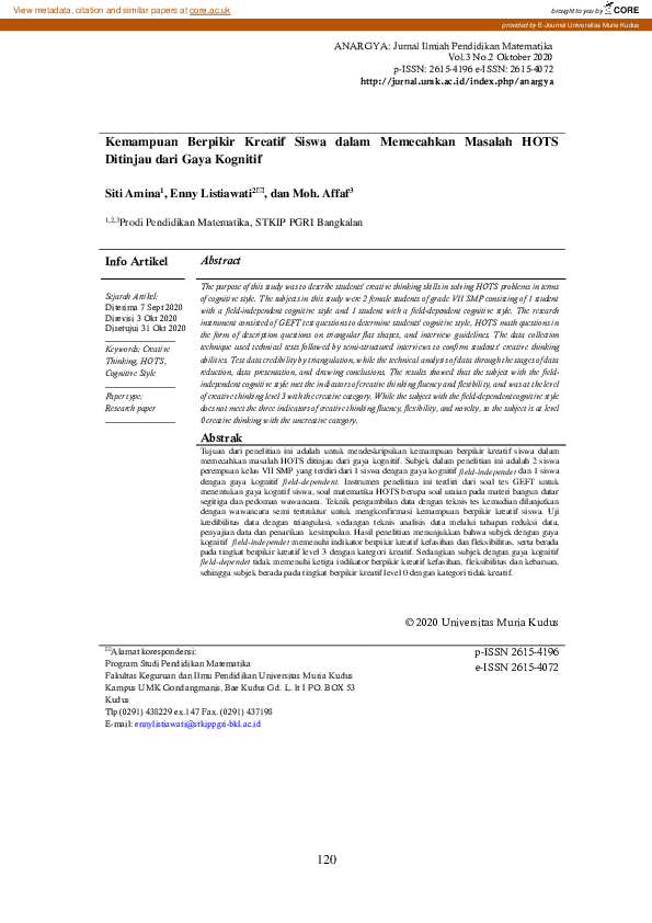 (PDF) Kemampuan Berpikir Kreatif Siswa dalam Memecahkan Masalah HOTS Ditinjau dari Gaya Kognitif