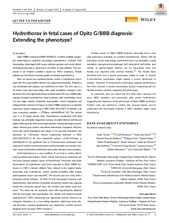 (PDF) Hydrothorax in fetal cases of Opitz G/ BBB diagnosis: Extending ...