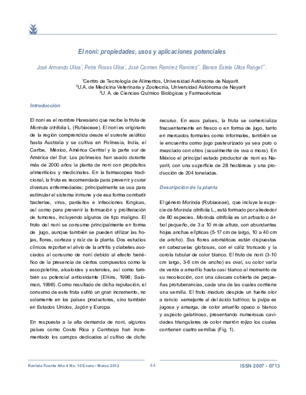 (PDF) El noni: propiedades, usos y aplicaciones potenciales