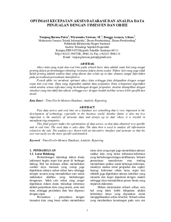 (PDF) Optimasi Kecepatan Akses Database Dan Analisa Data Penjualan Dengan Timesten Dan Obiee