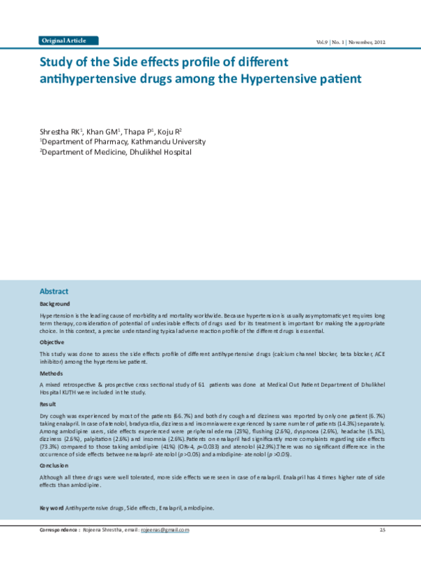 (PDF) Study of the Side effects profile of different antihypertensive ...