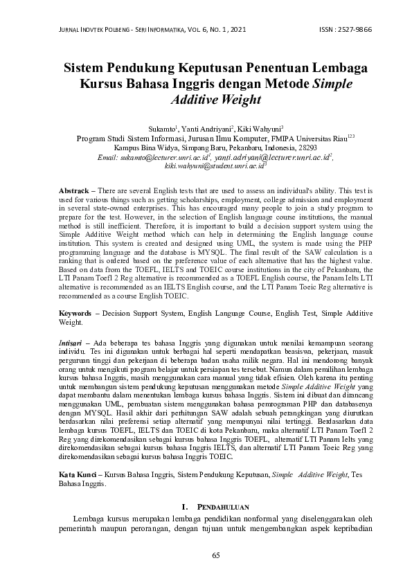 (PDF) Sistem Pendukung Keputusan Penentuan Lembaga Kursus Bahasa Inggris dengan Metode Simple ...