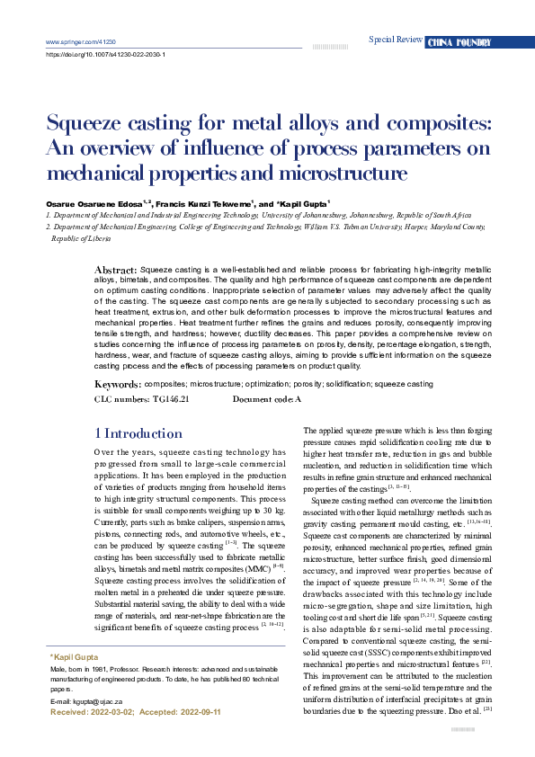 (PDF) Squeeze casting for metal alloys and composites: An overview of ...
