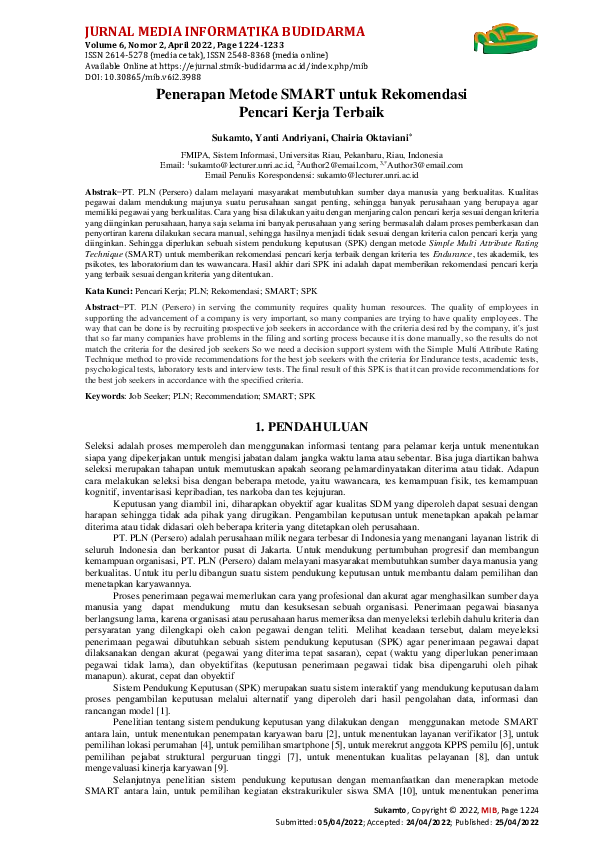 (PDF) Penerapan Metode SMART untuk Rekomendasi Pencari Kerja Terbaik