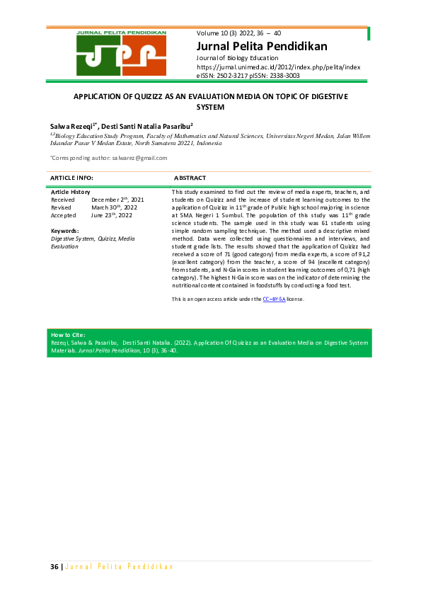 Pdf Application Of Quizizz As An Evaluation Media On Topic Of Digestive System