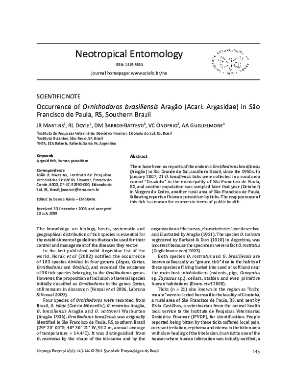 (PDF) Occurrence of Ornithodoros brasiliensis Aragão (Acari: Argasidae ...