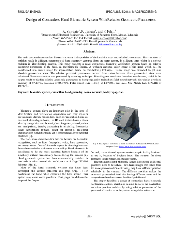 (PDF) Design of contactless hand biometric system with relative ...