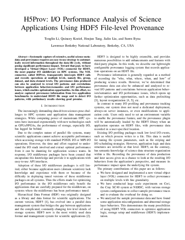 (PDF) H5Prov: I/O Performance Analysis of Science Applications Using HDF5 File-level Provenance