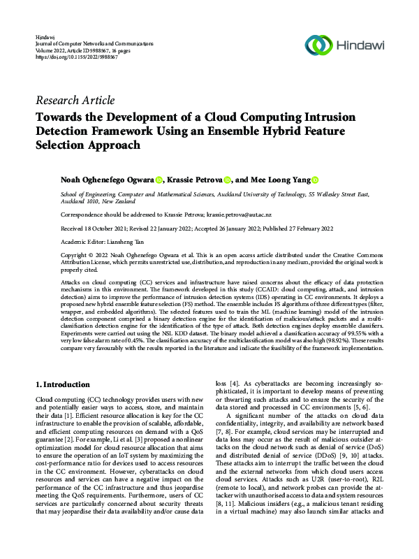Pdf Towards The Development Of A Cloud Computing Intrusion Detection Framework Using An