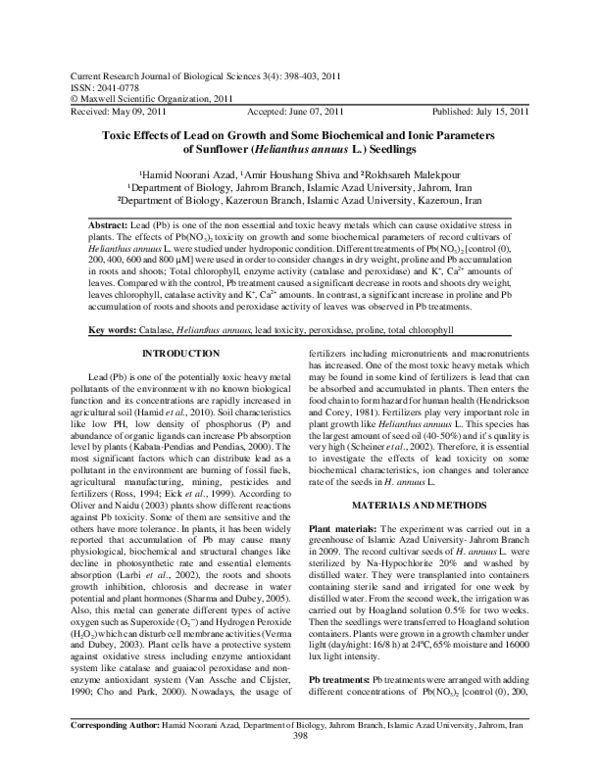(PDF) Toxic Effects of Lead on Growth and Some Biochemical and Ionic ...