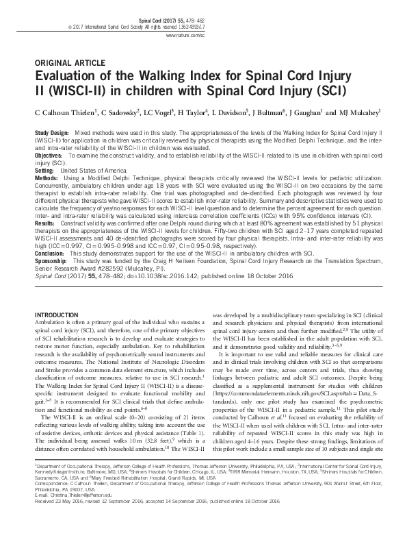 (PDF) Evaluation of the Walking Index for Spinal Cord Injury II (WISCI ...