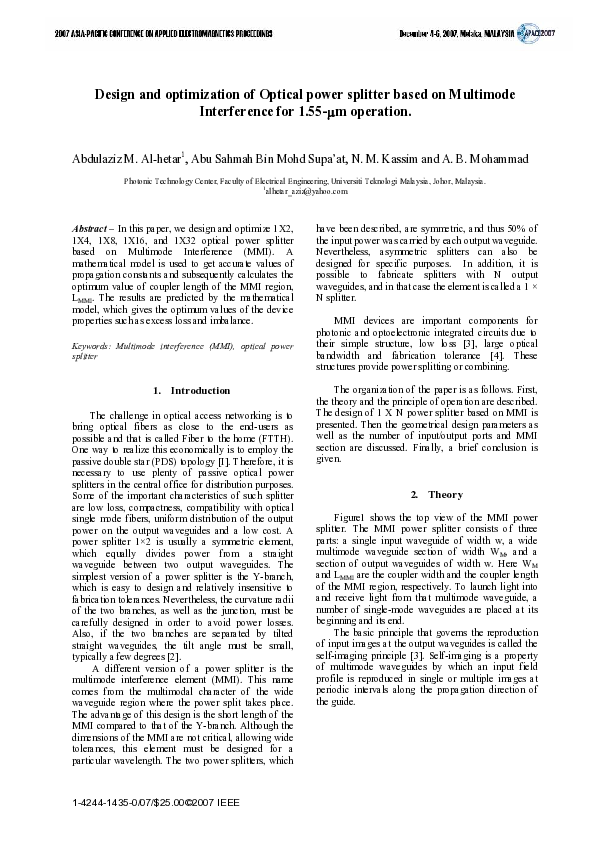 (PDF) Design and optimization of optical power splitter based on multimode interference for 1.55 ...