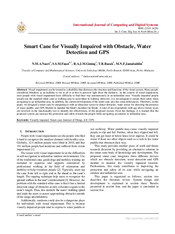 (PDF) Smart Cane for Visually Impaired with Obstacle, Water Detection ...