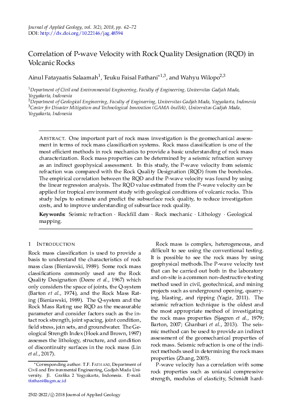 (PDF) Correlation of P-wave Velocity with Rock Quality Designation (RQD ...