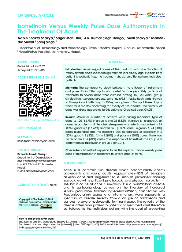 (PDF) Isotretinoin Versus Weekly Pulse Dose Azithromycin In The ...