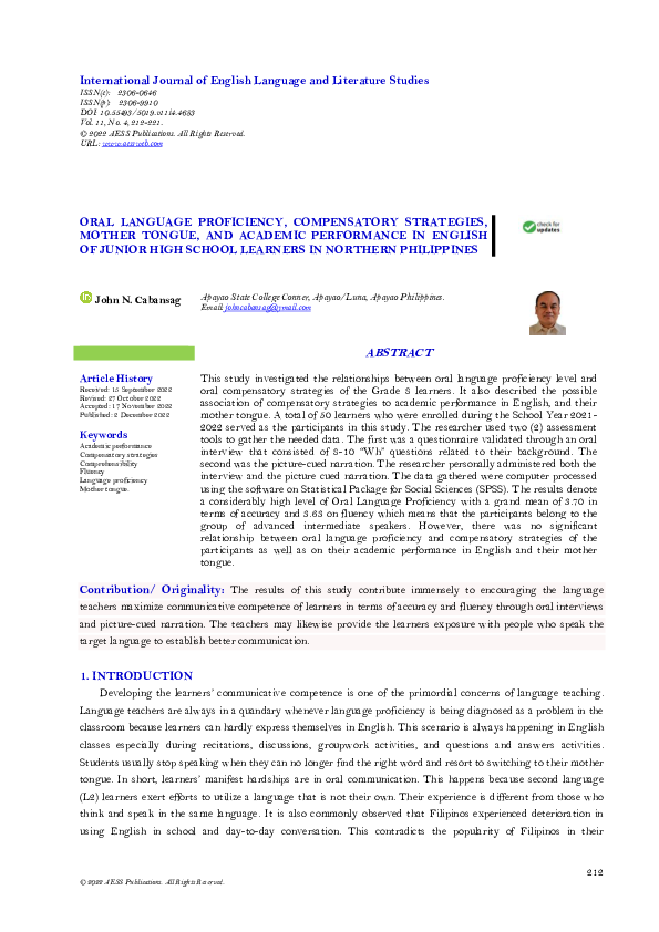 (PDF) Oral Language Proficiency, Compensatory Strategies, Mother Tongue ...