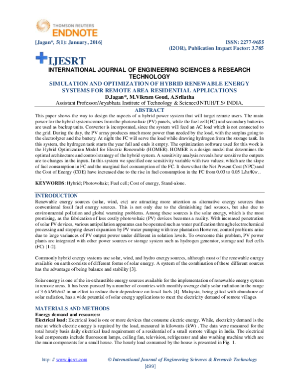 Pdf Simulation And Optimization Of Hybrid Renewable Energy Systems For Remote Area Residential
