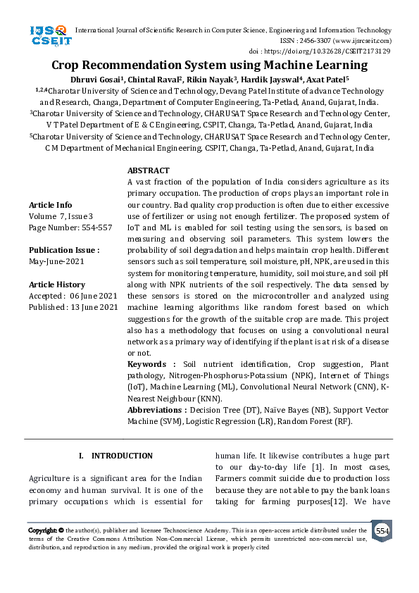 (PDF) Crop Recommendation System using Machine Learning | Hardik ...