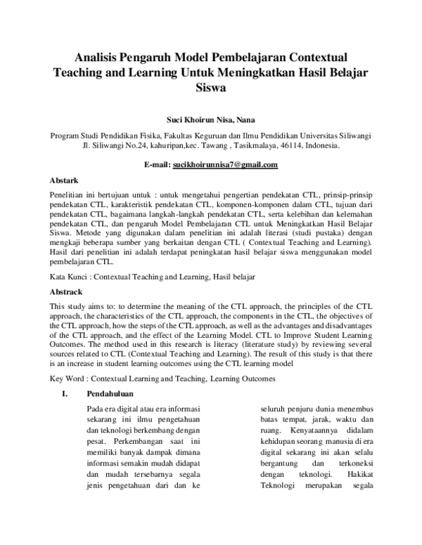 (PDF) Analisis Pengaruh Model Pembelajaran Contextual Teaching and Learning Untuk Meningkatkan ...