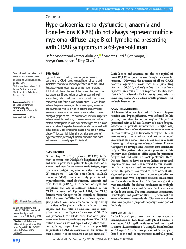 (PDF) Hypercalcaemia, renal dysfunction, anaemia and bone lesions (CRAB ...