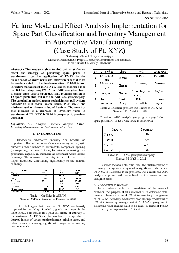 (PDF) Failure Mode and Effect Analysis Implementation for Spare Part Classification and ...