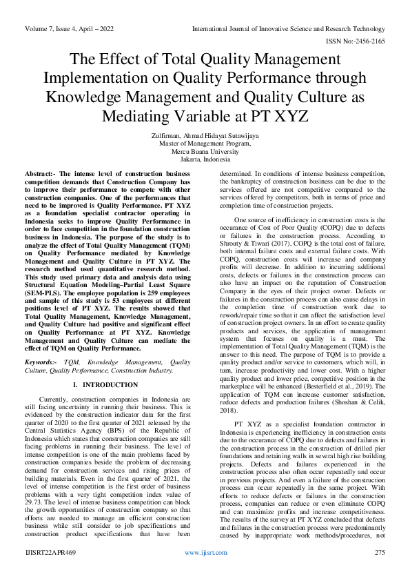 (PDF) The Effect of Total Quality Management Implementation on Quality Performance through ...