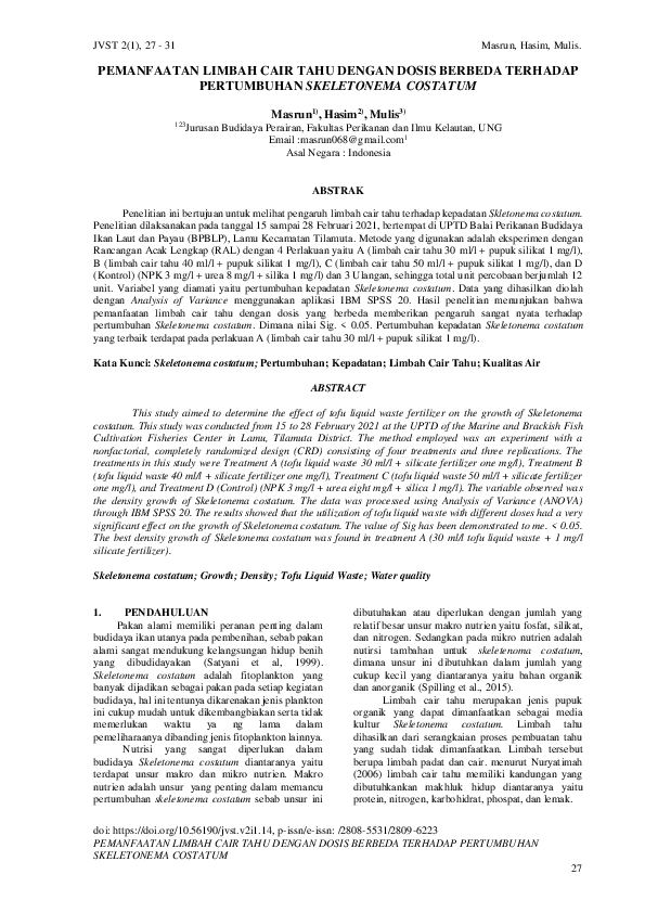 (PDF) PEMANFAATAN LIMBAH CAIR TAHU DENGAN DOSIS BERBEDA TERHADAP PERTUMBUHAN Skeletonema costatum