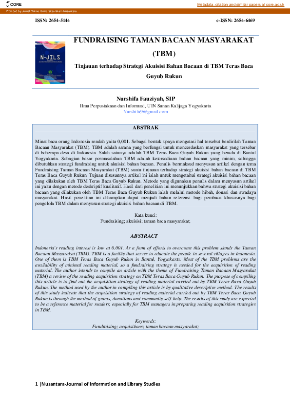 (PDF) Fundraising Taman Bacaan Masyarakat (TBM): Tinjauan Terhadap Strategi Akuisisi Bahan ...