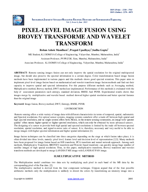 (PDF) Pixel-level image fusion using brovey transform and wavelet transform